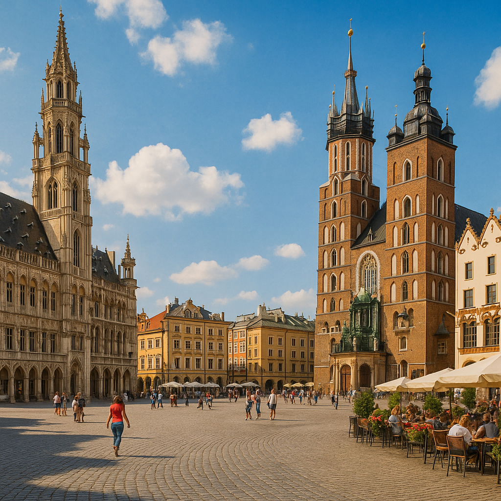 Historic European City Square with Outdoor Cafes