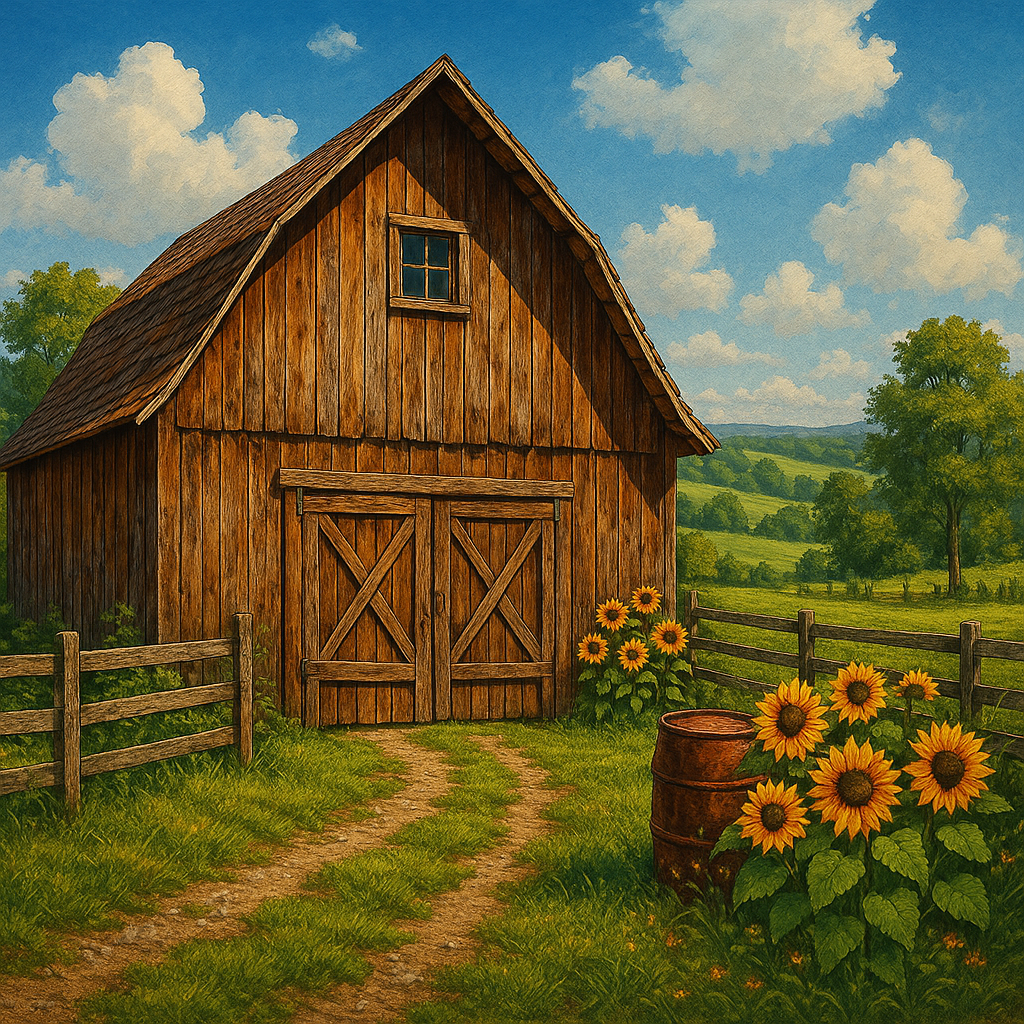 Charming Rustic Barn in Sunflower Countryside