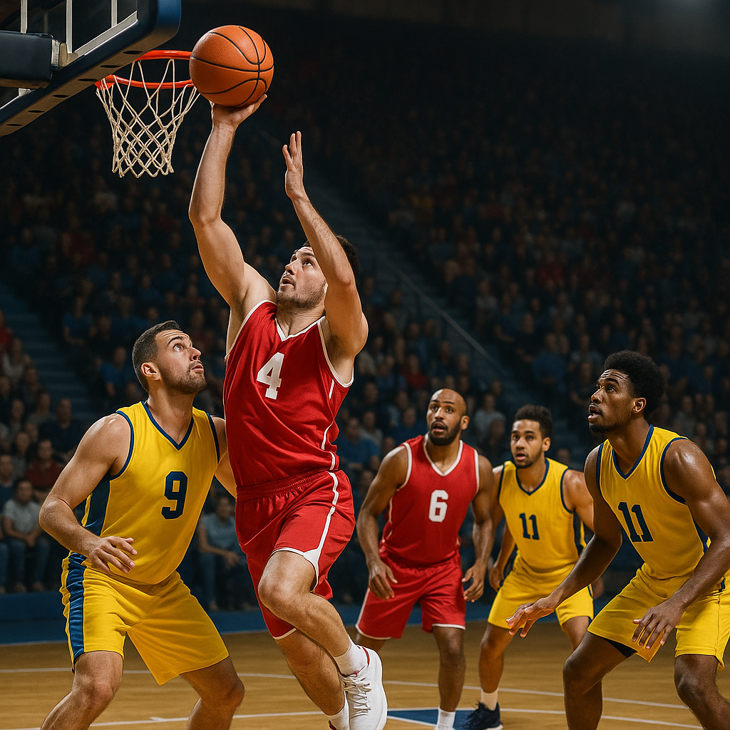 Intense Basketball Action: Red #4 Soars to Score