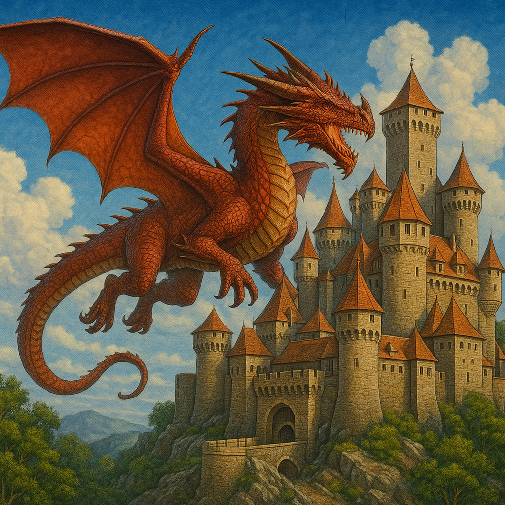 Majestic Red Dragon Over Castle - Fantasy