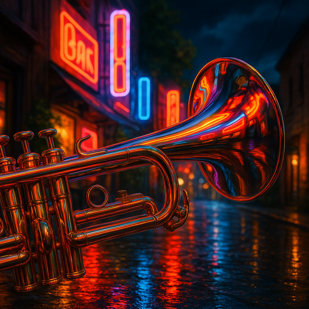 Neon Trumpet Reflections on Rainy Urban Night