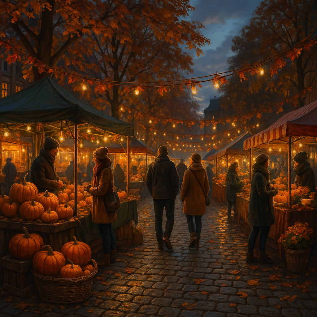 Cozy Autumn Market at Dusk - Warm Evening Stalls