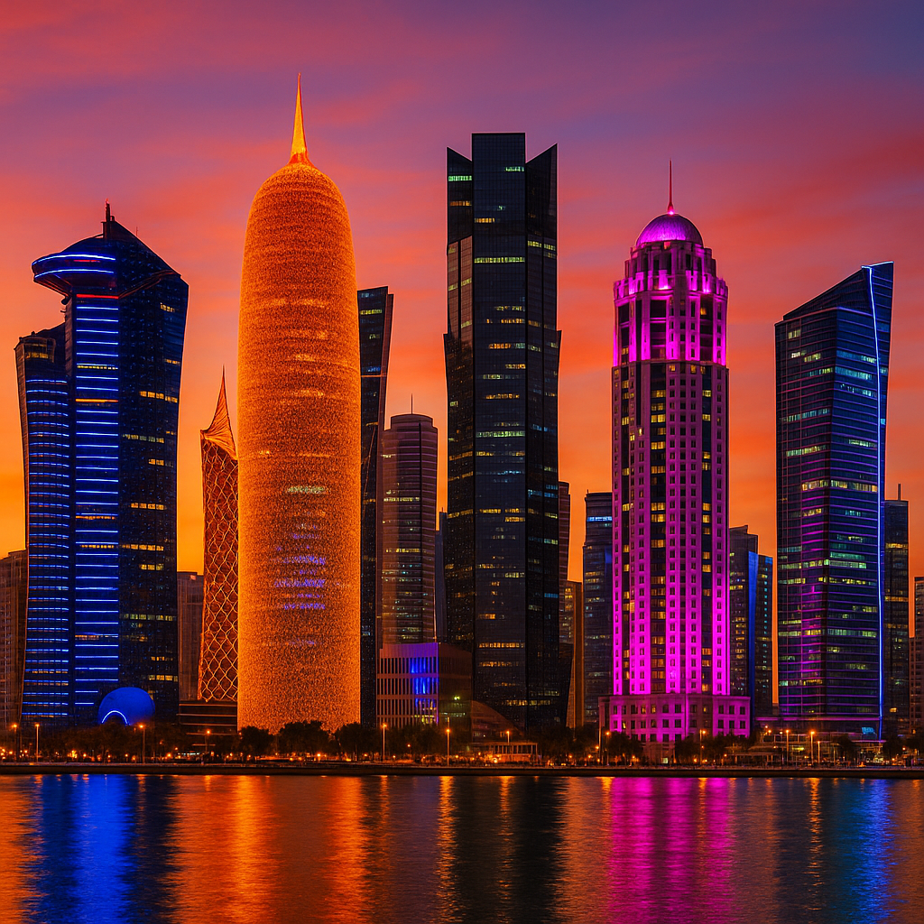 Doha West Bay Skyline at Sunset Puzzle - Neon Glow