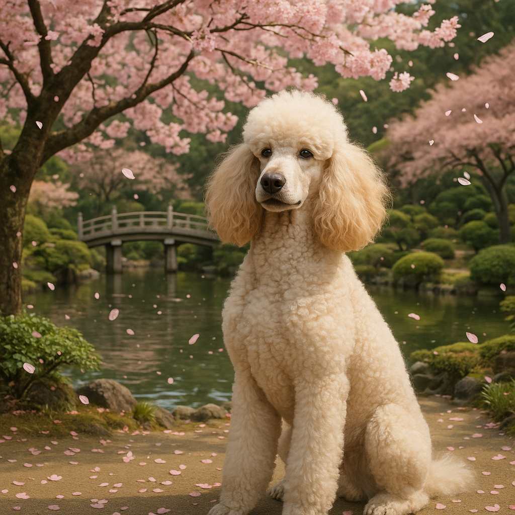Springtime Poodle in a Japanese Garden - PuzzleFree – PuzzleFree.game