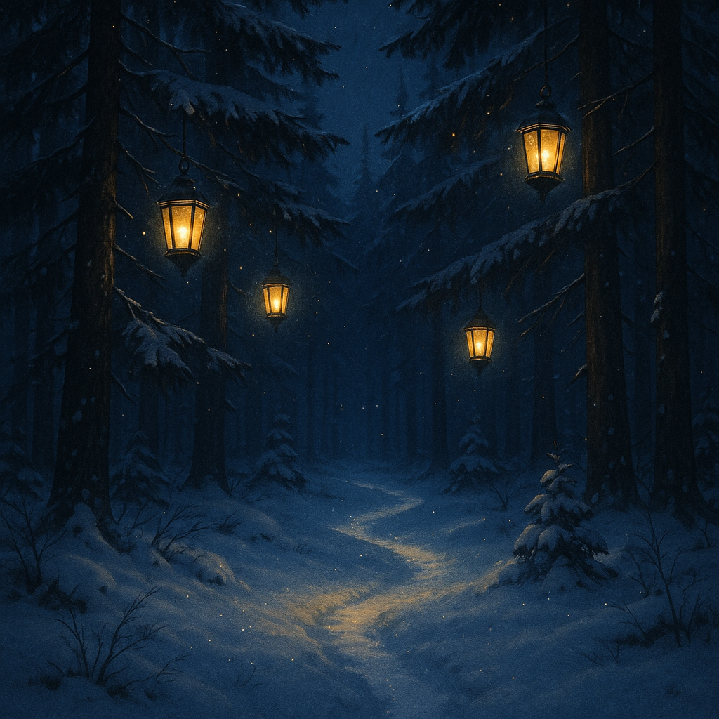 Midnight Lantern Path in a Snowy Pine Forest - PuzzleFree – PuzzleFree.game