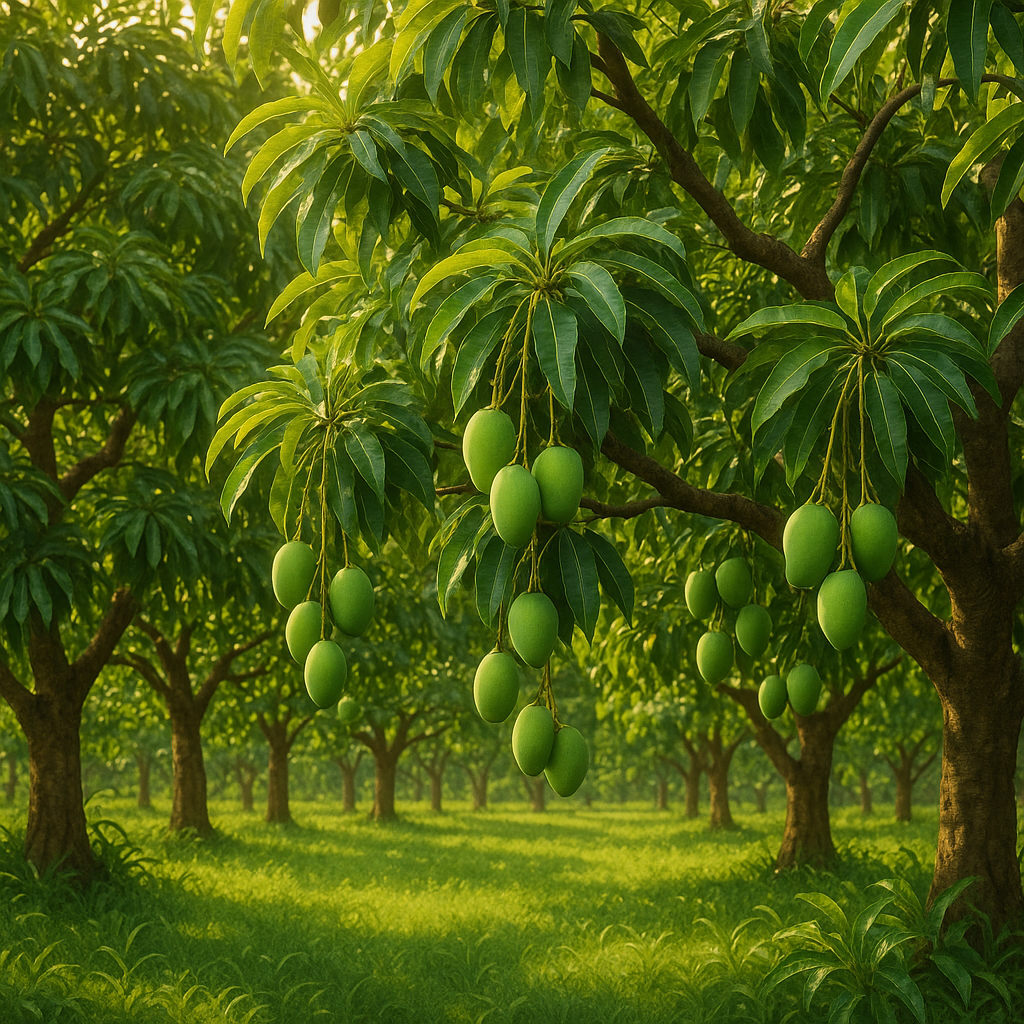 Sunlit Mango Grove with Young Fruit - PuzzleFree – PuzzleFree.game