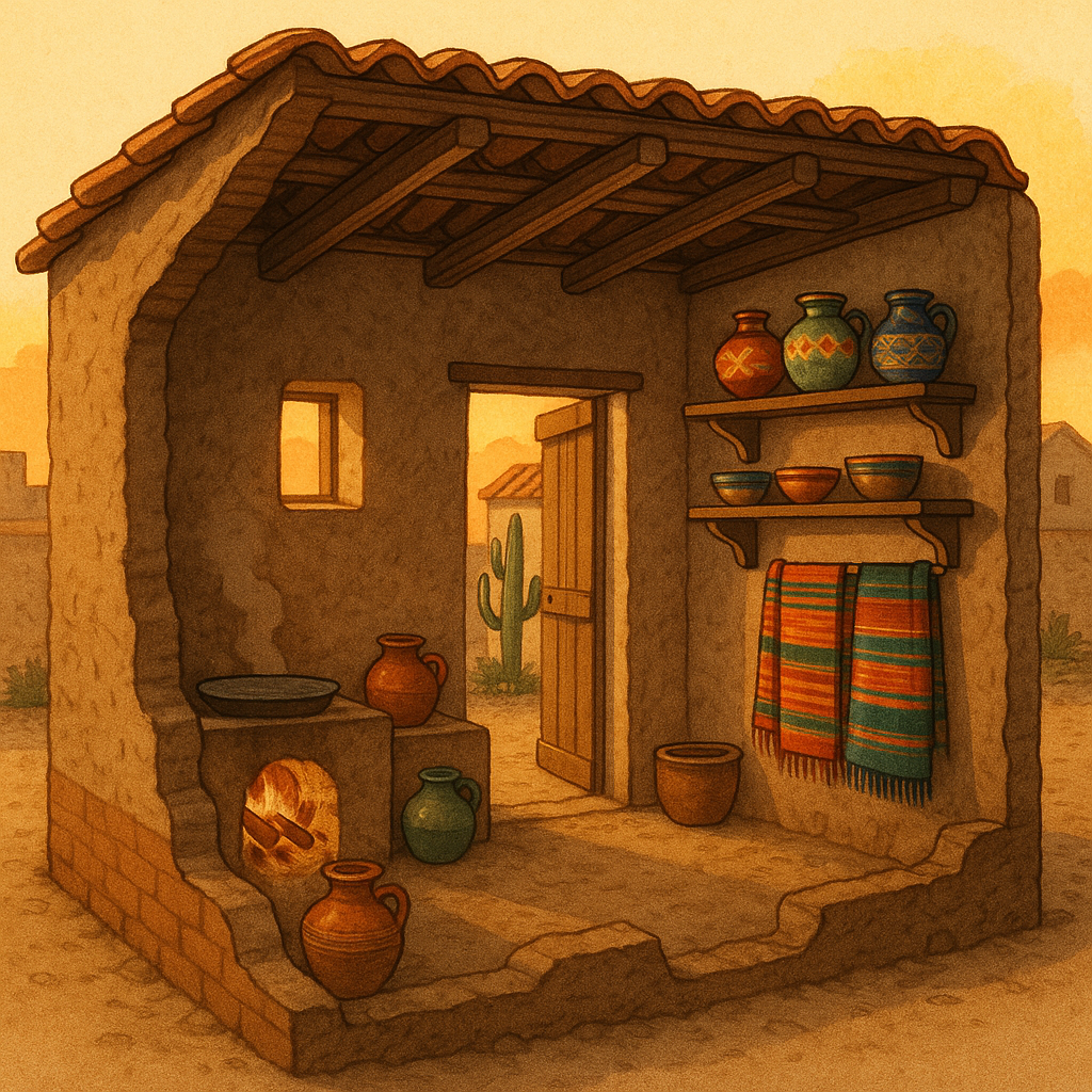 Colonial Mexican Adobe — Cutaway at Sunset – Online Jigsaw Puzzle