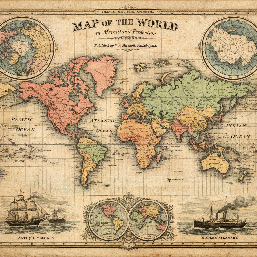 19th-Century Hand-Colored Mercator World Atlas Puzzle